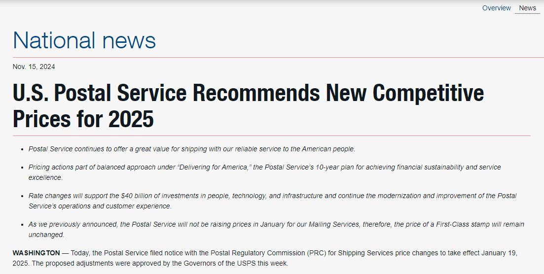 2025年1月19日起生效！USPS多项运输服务价格上涨 - 仓盛海外仓